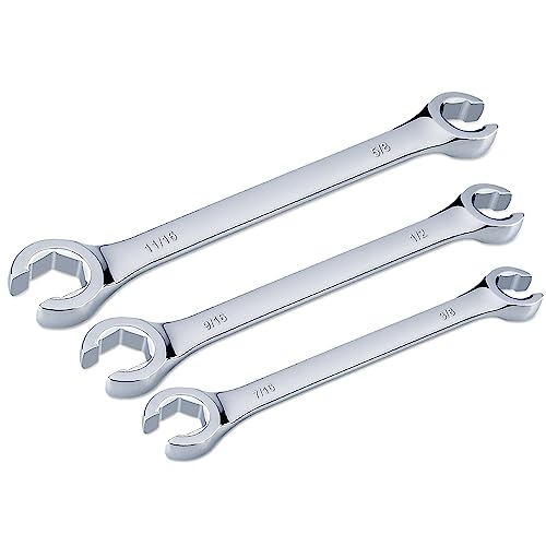 3-Piece Premium Double-End SAE Flare Nut Wrench Set, Size 3/8”, 7/16”, 1/2”, 9/16”, 5/8”, 11/16” | Cr-V Steel, 6-Point Head, 15° Offset | Perfect Line Wrench for Fuel, Brake, Air Conditioning and More