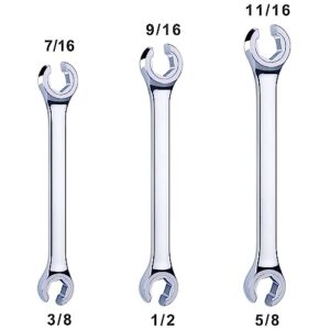 3-Piece Premium Double-End SAE Flare Nut Wrench Set, Size 3/8”, 7/16”, 1/2”, 9/16”, 5/8”, 11/16” | Cr-V Steel, 6-Point Head, 15° Offset | Perfect Line Wrench for Fuel, Brake, Air Conditioning and More