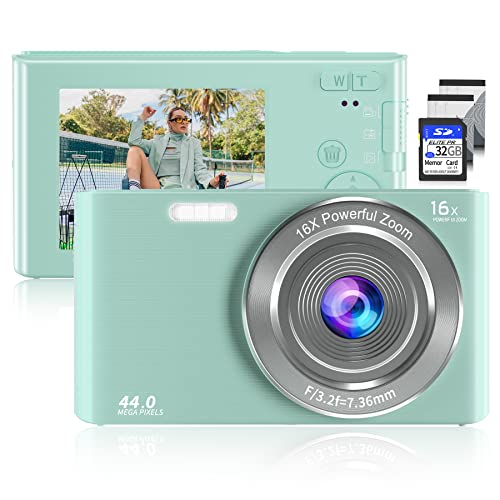 Digital Camera, Saneen FHD 2.7K Cameras for Photography, 44MP Kids Camera Compact Point and Shoot Camera Small Camera for Beginners, Kids and Teens with 32GB SD Card & 16X Digital Zoom-Green