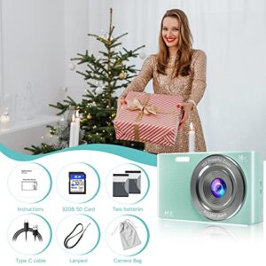 Digital Camera, Saneen FHD 2.7K Cameras for Photography, 44MP Kids Camera Compact Point and Shoot Camera Small Camera for Beginners, Kids and Teens with 32GB SD Card & 16X Digital Zoom-Green