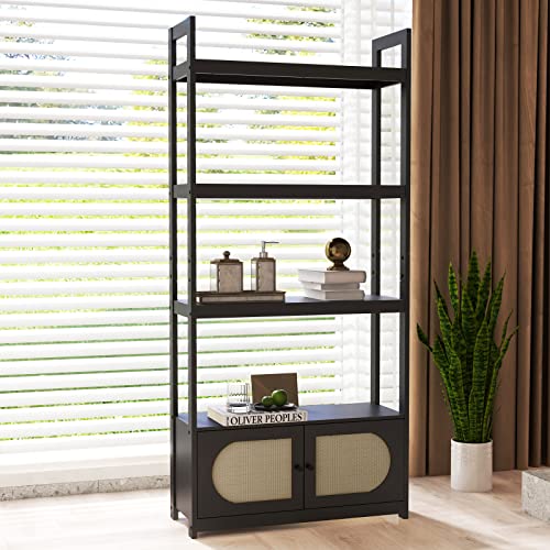 4 Tier Modern Bookshelf with Cabinet, Tall Bookcase with Woven Cane Doors, Freestanding Wood and Metal Display Shelf Unit for Living Room, Bedroom, Office (31.5" W x 11.8" D x 70.8" H, Black)