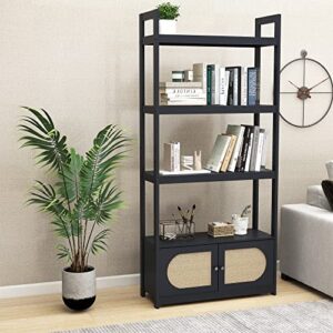 4 Tier Modern Bookshelf with Cabinet, Tall Bookcase with Woven Cane Doors, Freestanding Wood and Metal Display Shelf Unit for Living Room, Bedroom, Office (31.5" W x 11.8" D x 70.8" H, Black)