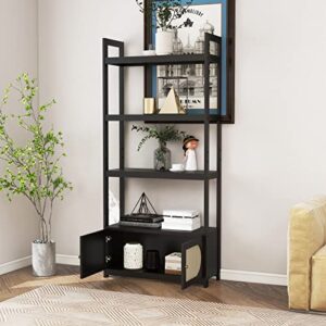 4 Tier Modern Bookshelf with Cabinet, Tall Bookcase with Woven Cane Doors, Freestanding Wood and Metal Display Shelf Unit for Living Room, Bedroom, Office (31.5" W x 11.8" D x 70.8" H, Black)