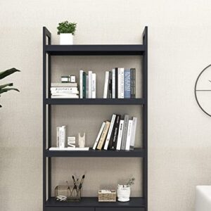 4 Tier Modern Bookshelf with Cabinet, Tall Bookcase with Woven Cane Doors, Freestanding Wood and Metal Display Shelf Unit for Living Room, Bedroom, Office (31.5" W x 11.8" D x 70.8" H, Black)