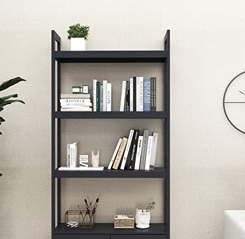 4 Tier Modern Bookshelf with Cabinet, Tall Bookcase with Woven Cane Doors, Freestanding Wood and Metal Display Shelf Unit for Living Room, Bedroom, Office (31.5" W x 11.8" D x 70.8" H, Black)