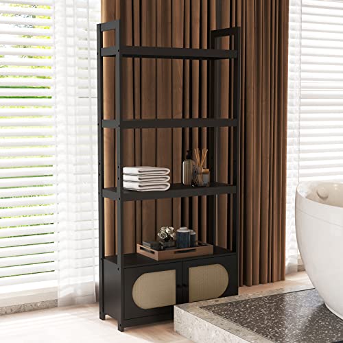 4 Tier Modern Bookshelf with Cabinet, Tall Bookcase with Woven Cane Doors, Freestanding Wood and Metal Display Shelf Unit for Living Room, Bedroom, Office (31.5" W x 11.8" D x 70.8" H, Black)