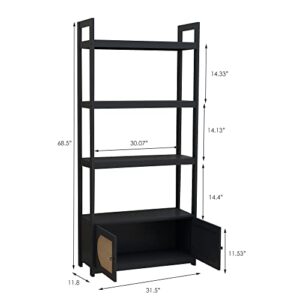 4 Tier Modern Bookshelf with Cabinet, Tall Bookcase with Woven Cane Doors, Freestanding Wood and Metal Display Shelf Unit for Living Room, Bedroom, Office (31.5" W x 11.8" D x 70.8" H, Black)