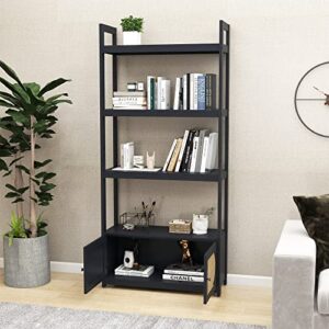 4 Tier Modern Bookshelf with Cabinet, Tall Bookcase with Woven Cane Doors, Freestanding Wood and Metal Display Shelf Unit for Living Room, Bedroom, Office (31.5" W x 11.8" D x 70.8" H, Black)