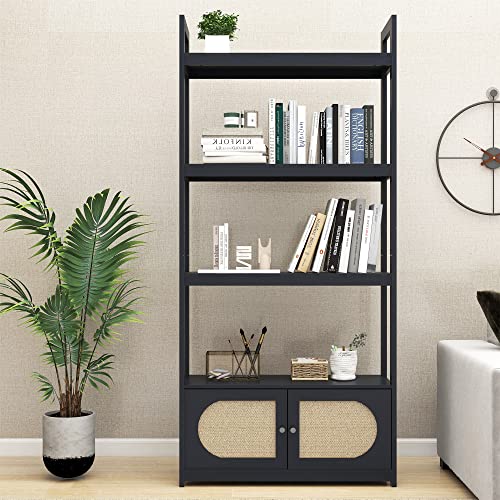 4 Tier Modern Bookshelf with Cabinet, Tall Bookcase with Woven Cane Doors, Freestanding Wood and Metal Display Shelf Unit for Living Room, Bedroom, Office (31.5" W x 11.8" D x 70.8" H, Black)