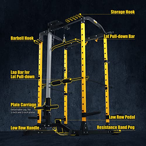 ToughFit Power Cage 1000lbs Squat Rack with Weights and Bar Set Multi-Function Power Rack Weight Cage with Lat Pull-Down/Adjustable Cable Crossover for Strength Training Garage & Home Gym Equipment