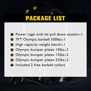 ToughFit Power Cage 1000lbs Squat Rack with Weights and Bar Set Multi-Function Power Rack Weight Cage with Lat Pull-Down/Adjustable Cable Crossover for Strength Training Garage & Home Gym Equipment