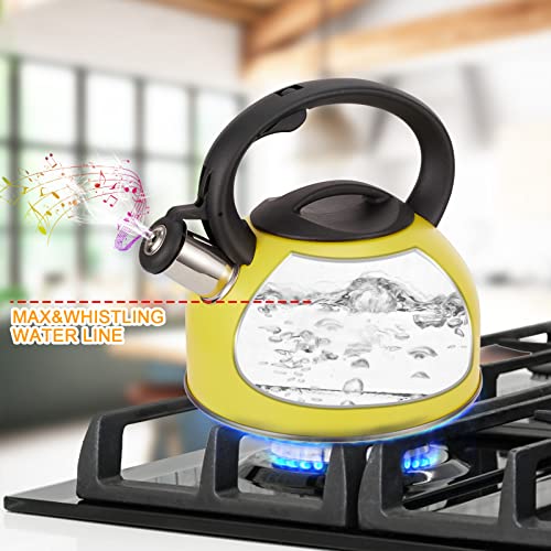 Tea Kettle, 2.5 Liter Loud Stovetop Whistling Teakettle with Cool Grip Ergonomic Handle Food Grade Stainless Steel Teapot for Tea, Coffee, Milk Yellow