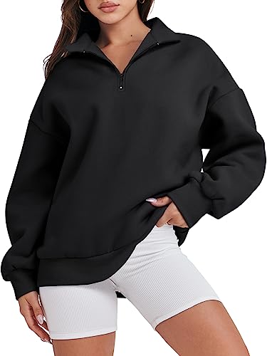 ANRABESS Womens Hoodies Oversized Half Zip Pullover Long Sleeve Sweatshirts Comfy Fleece Quarter Zip Trendy Cropped Outfits Teen Girls Fall Y2K Tops Basic Clothes 1018heise-L Black