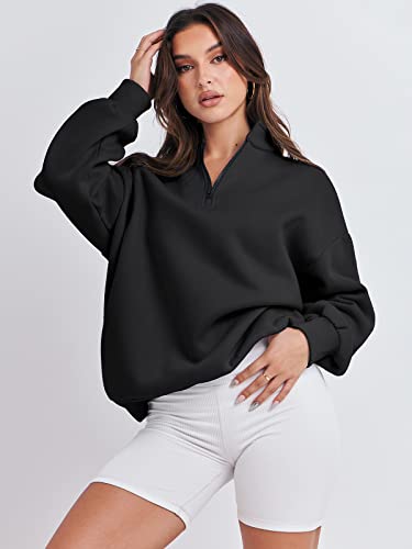 ANRABESS Womens Hoodies Oversized Half Zip Pullover Long Sleeve Sweatshirts Comfy Fleece Quarter Zip Trendy Cropped Outfits Teen Girls Fall Y2K Tops Basic Clothes 1018heise-L Black