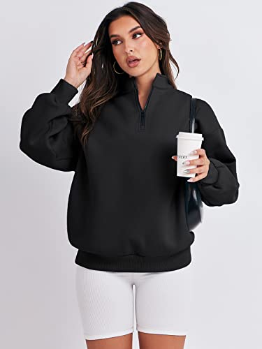 ANRABESS Womens Hoodies Oversized Half Zip Pullover Long Sleeve Sweatshirts Comfy Fleece Quarter Zip Trendy Cropped Outfits Teen Girls Fall Y2K Tops Basic Clothes 1018heise-L Black