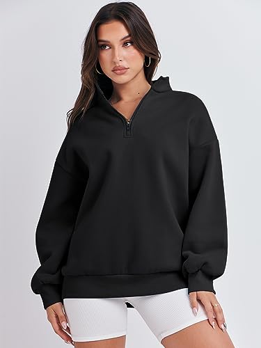 ANRABESS Womens Hoodies Oversized Half Zip Pullover Long Sleeve Sweatshirts Comfy Fleece Quarter Zip Trendy Cropped Outfits Teen Girls Fall Y2K Tops Basic Clothes 1018heise-L Black