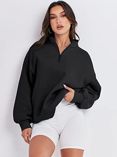 ANRABESS Womens Hoodies Oversized Half Zip Pullover Long Sleeve Sweatshirts Comfy Fleece Quarter Zip Trendy Cropped Outfits Teen Girls Fall Y2K Tops Basic Clothes 1018heise-L Black