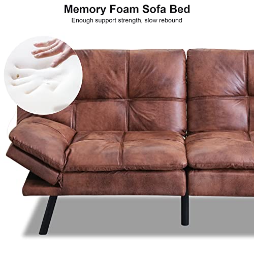 Maxspeed Leather Futon Sofa Bed,Convertible Memory Foam Couch Bed,Modern Loveseat with Covertible Armrests for RV Car Living Room&Bedroom Small Space（Brown）