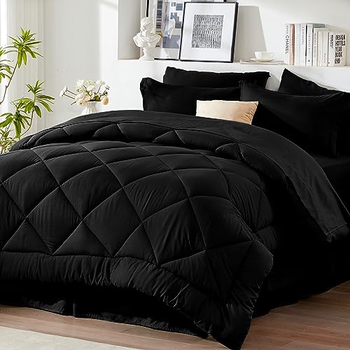 Newspin Queen Bed in a Bag 8 Pieces Comforter Set, Black All Season Bed Set, Queen Bedding Sets with Comforter and Sheets, Pillow Shams, Flat Sheet, Fitted Sheet, Pillowcases and Bed Skirt