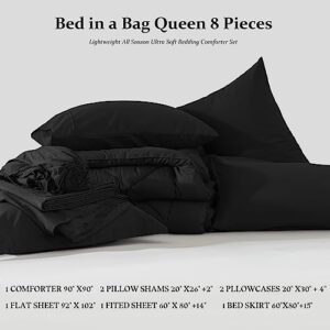 Newspin Queen Bed in a Bag 8 Pieces Comforter Set, Black All Season Bed Set, Queen Bedding Sets with Comforter and Sheets, Pillow Shams, Flat Sheet, Fitted Sheet, Pillowcases and Bed Skirt