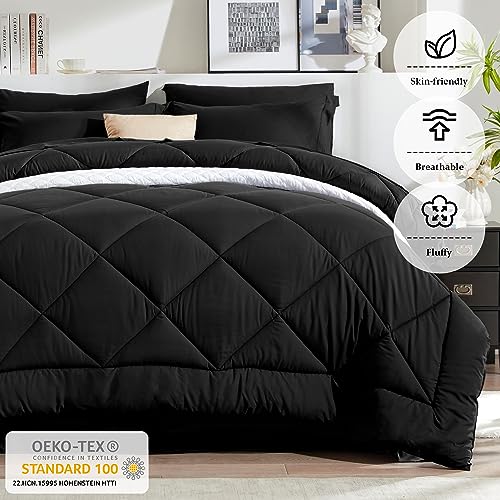 Newspin Queen Bed in a Bag 8 Pieces Comforter Set, Black All Season Bed Set, Queen Bedding Sets with Comforter and Sheets, Pillow Shams, Flat Sheet, Fitted Sheet, Pillowcases and Bed Skirt