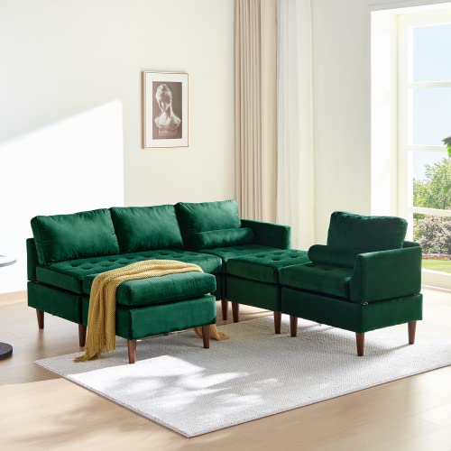 ORRD U-Shape Convertible Sectional Sofa, Modular Sleeper Couch Chaise Modern 6 Seater Velvet Sofa for Living Room, Bedroom, Apartment (Green)