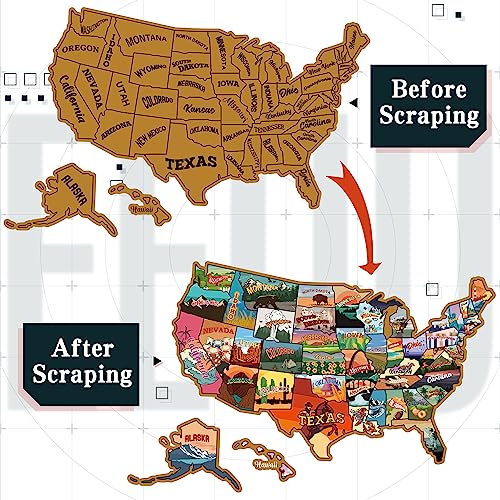 Scratch Off Map Of United States, USA State Scratch Sticker Travel RV Map Wall Poster Birthday DIY Gifts For Kids Adults, Travelers RV Adventure Journal, 19.6 x 15.7 Inches USA Scratch Off Map & Tools