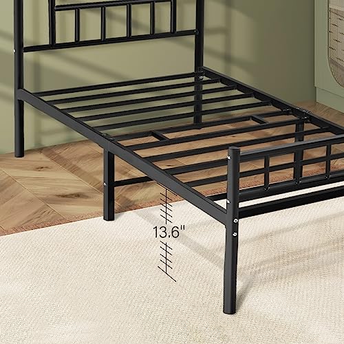 HOMBCK Twin Bed Frames with Headboard, Platform Bed Frame with Storage, 14 Inch Twin Bed Frames for Kids, 600lbs Heavy Duty Steel Metal Bed Frame No Box Spring Needed, Noise Free, Black