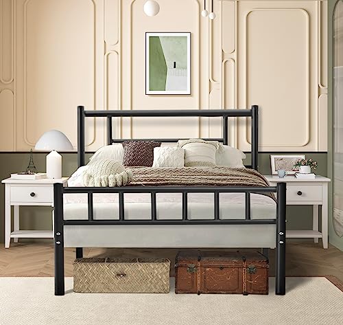 HOMBCK Twin Bed Frames with Headboard, Platform Bed Frame with Storage, 14 Inch Twin Bed Frames for Kids, 600lbs Heavy Duty Steel Metal Bed Frame No Box Spring Needed, Noise Free, Black