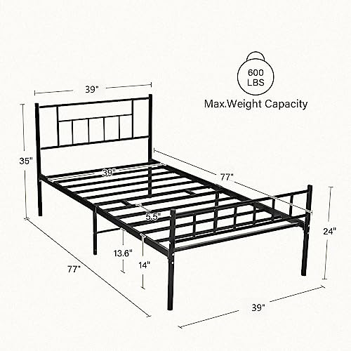 HOMBCK Twin Bed Frames with Headboard, Platform Bed Frame with Storage, 14 Inch Twin Bed Frames for Kids, 600lbs Heavy Duty Steel Metal Bed Frame No Box Spring Needed, Noise Free, Black