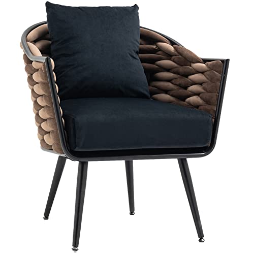 NIOIIKIT Modern Velvet Accent Chair with Arms, Upholstered Hand Woven Lounge Chair with Pillow, Luxury Armchair, Vanity Chair for Living Room, Bedroom, Office (Black)