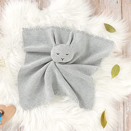 Hadetoto Baby Lovely Cotton Security Blanket Bunny Comforter Blanket Soft Knit Babies Lovies Toys for Newborn Boys Girls Gifts, Grey