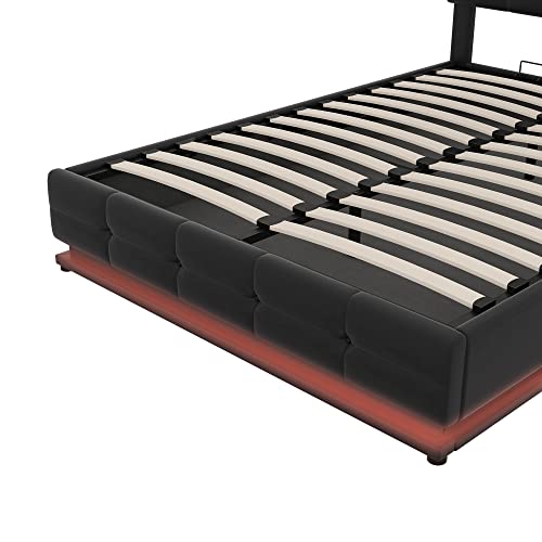 Harper & Bright Designs Lift Up Storage Bed Full Size Upholstered with LED Lights and USB Charger, Faux Leather Platform Frame Hydraulic System, for Kids Teens Adults (Full Size, Black)