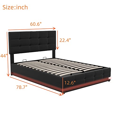 Harper & Bright Designs Lift Up Storage Bed Full Size Upholstered with LED Lights and USB Charger, Faux Leather Platform Frame Hydraulic System, for Kids Teens Adults (Full Size, Black)