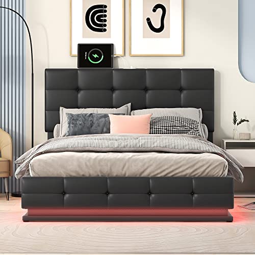 Harper & Bright Designs Lift Up Storage Bed Full Size Upholstered with LED Lights and USB Charger, Faux Leather Platform Frame Hydraulic System, for Kids Teens Adults (Full Size, Black)