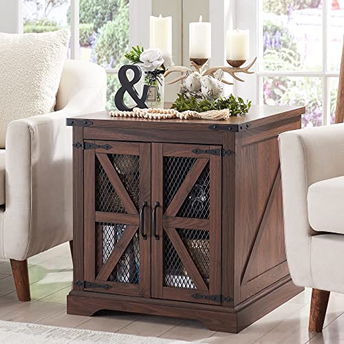 JXQTLINGMU Farmhouse End Table, 24" Large Sofa Side Table with Charging Station, Mesh Barn Door, and Adjustable Storage Shelf, Rustic Wood Square Nightstand for Living Room, Bedroom, Office, Brown