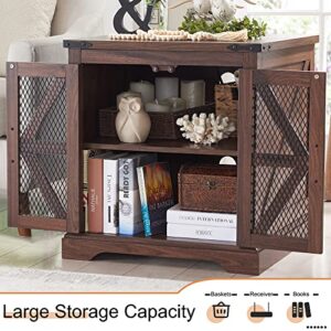 JXQTLINGMU Farmhouse End Table, 24" Large Sofa Side Table with Charging Station, Mesh Barn Door, and Adjustable Storage Shelf, Rustic Wood Square Nightstand for Living Room, Bedroom, Office, Brown