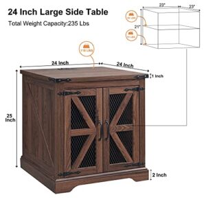 JXQTLINGMU Farmhouse End Table, 24" Large Sofa Side Table with Charging Station, Mesh Barn Door, and Adjustable Storage Shelf, Rustic Wood Square Nightstand for Living Room, Bedroom, Office, Brown