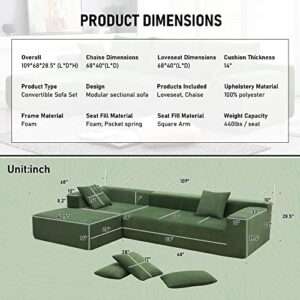 DEINPPA Modern Minimalist Style Modular Sofa Couch with Pillows, Deep Sectional Sofa Furniture Set, 4-Seater Chenille L-Shaped Sofa for Living Room Reception Room-Green