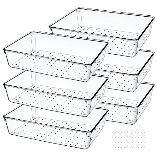 6 Pack Drawer Organizers, Plastic Clear Acrylic Non Slip Non Cracking kitchen drawer organizer Stackable Bathroom Drawer Organizer Trays, Storage Bins for Makeup, Bathroom, Kitchen Office