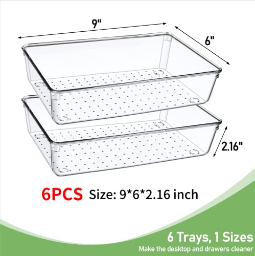 6 Pack Drawer Organizers, Plastic Clear Acrylic Non Slip Non Cracking kitchen drawer organizer Stackable Bathroom Drawer Organizer Trays, Storage Bins for Makeup, Bathroom, Kitchen Office