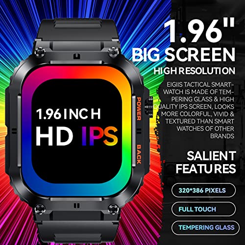 Military Smart Watches for Men Bluetooth Call 1.96" HD Big Screen Rugged Smartwatch Compatible with iPhone Android Phone 100+ Sports Modes Fitness Tracker Heart Rate Sleep Monitor Tactical Watch