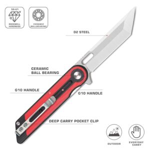 XTOUC Folding Pocket Knife, Tanto D2 Blade, G10 Handle, EDC Knife with Ceramic Ball Bearing, Deep Carry Pocket Clip, Flipper Opening, Knives for Men and Women Camping Hiking (Red)