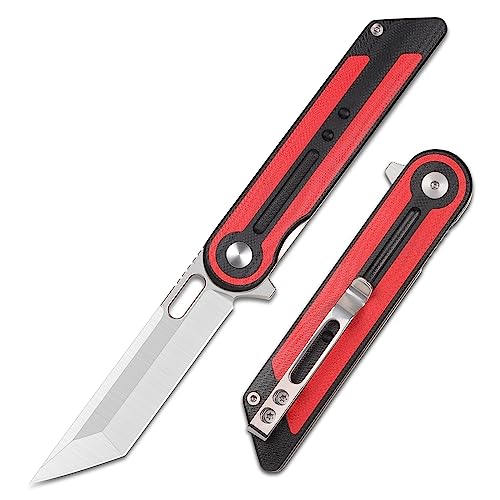 XTOUC Folding Pocket Knife, Tanto D2 Blade, G10 Handle, EDC Knife with Ceramic Ball Bearing, Deep Carry Pocket Clip, Flipper Opening, Knives for Men and Women Camping Hiking (Red)