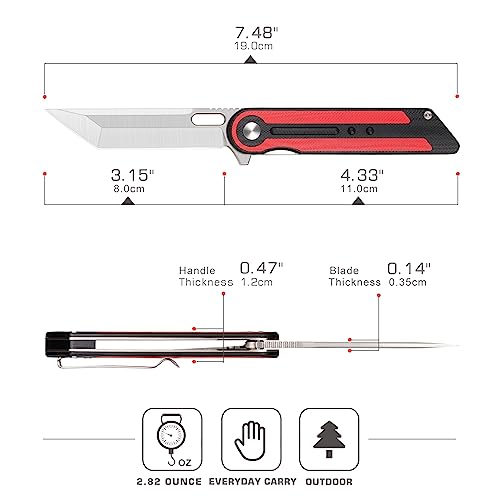 XTOUC Folding Pocket Knife, Tanto D2 Blade, G10 Handle, EDC Knife with Ceramic Ball Bearing, Deep Carry Pocket Clip, Flipper Opening, Knives for Men and Women Camping Hiking (Red)