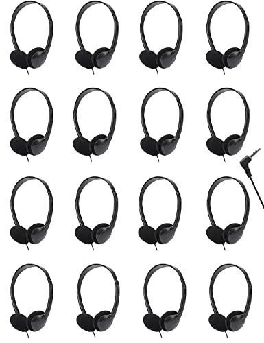 QWERDF 16 Packs Headphones Bulk for Classrooms Kids Students On Ear Disposable Black Earphones Class Set Wired Individually Bagged for School Library Office