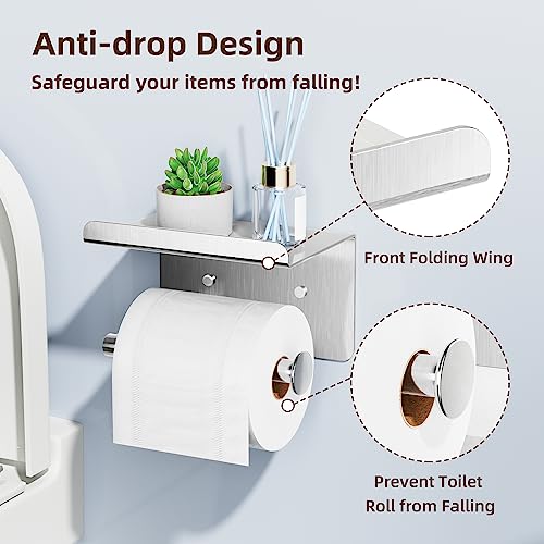 Adhesive Toilet Paper Holder with Phone Shelf, Wall Mounted Toilet Paper Roll Holder, Rustproof Bathroom Tissue Roll Holder with Shelf, Sticky Toilet Paper Roll Holder- Silver