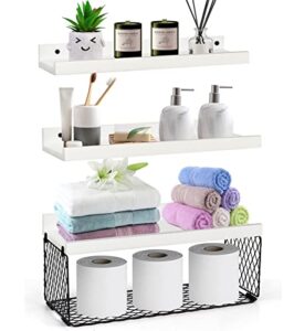 dabige wall mounted floating shelves, 3 sets wood bathroom shelves with wire storage basket & hooks, farmhouse floating shelf for wall decor, bedroom, living room, kitchen, plants, books – white