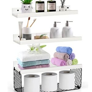 DABIGE Wall Mounted Floating Shelves, 3 Sets Wood Bathroom Shelves with Wire Storage Basket & Hooks, Farmhouse Floating Shelf for Wall Decor, Bedroom, Living Room, Kitchen, Plants, Books – White