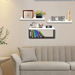 DABIGE Wall Mounted Floating Shelves, 3 Sets Wood Bathroom Shelves with Wire Storage Basket & Hooks, Farmhouse Floating Shelf for Wall Decor, Bedroom, Living Room, Kitchen, Plants, Books – White